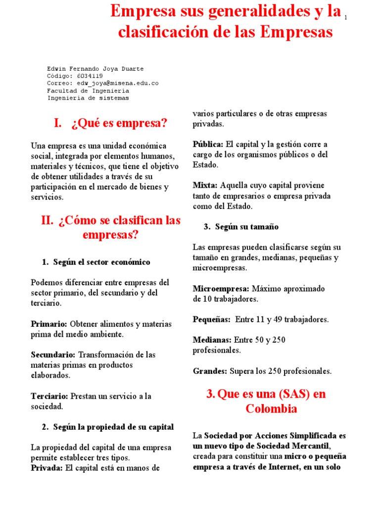 Empresa Sus Generalidades y La Clasificación de Las Empresas - Edwin ...