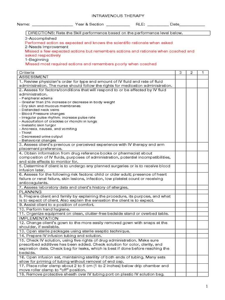 IV Therapy Checklist | PDF | Intravenous Therapy | Medicine
