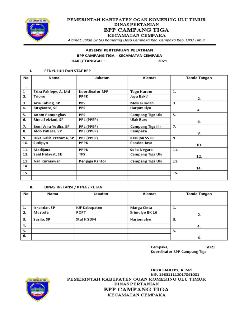 Absensi Pertemuan BPP | PDF