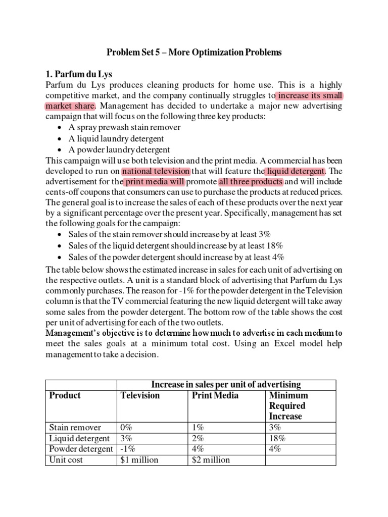 Problem Set 5 - More Optimization Problems | PDF | Perfume | Advertising
