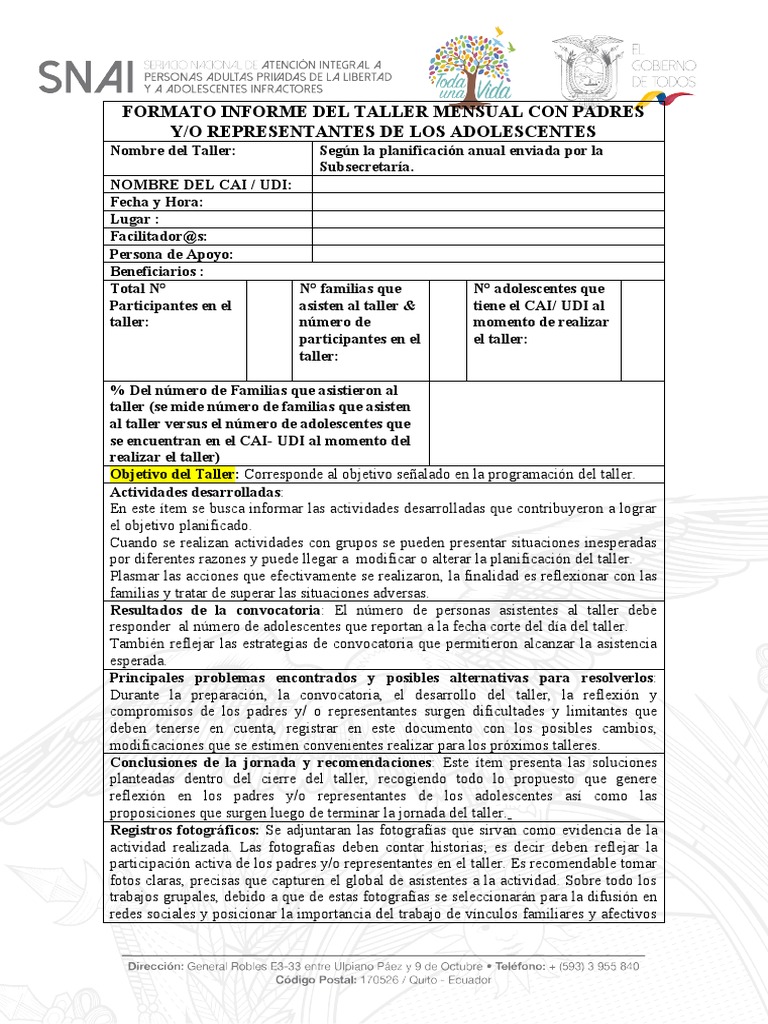 Formato De Ejecucion Del Taller De Padres De Familia En Cai Y Udi 2019