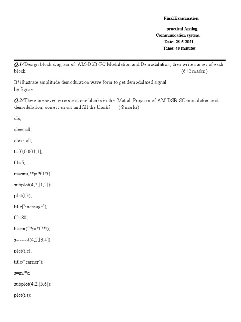 Q.1/ Design Block Diagram of AM-DSB-FC Modulation and Demodulation ...