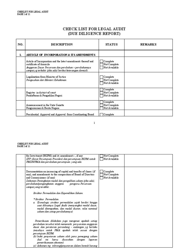 CHEK LIST FOR LEGAL AUDIT (Due Diligence Report) | PDF