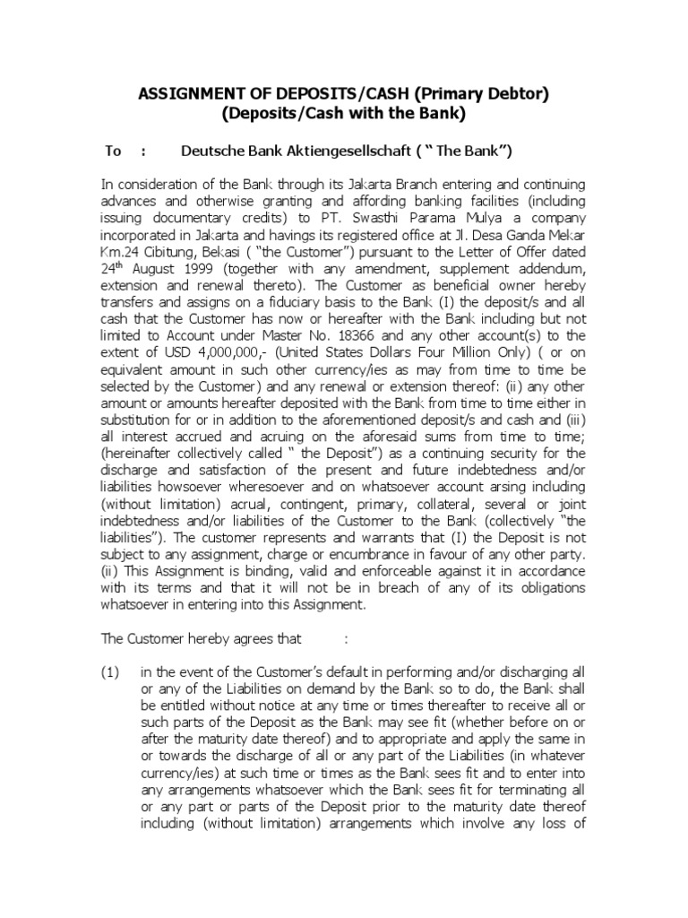 Assignment of Deposits | PDF | Banks | Liquidation