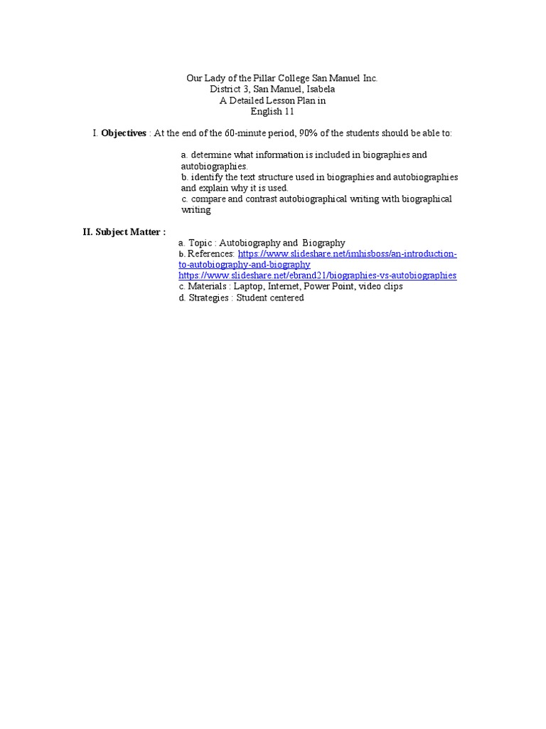 Biography and Autobiography Lesson Plan | PDF | Biography | Autobiographies