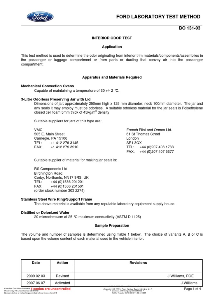 Ford Laboratory Test Method: Interior Odor Test Application | PDF ...