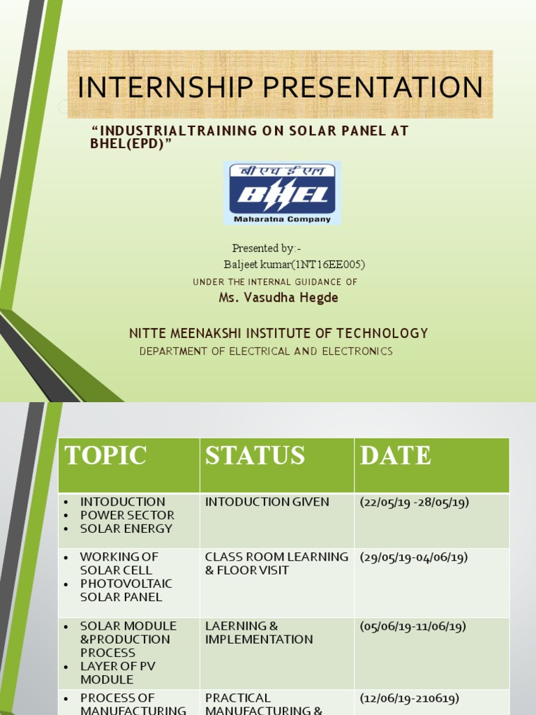 Internship Presentation: "Industrialtraining O N S Olar Panel at Bhel ...