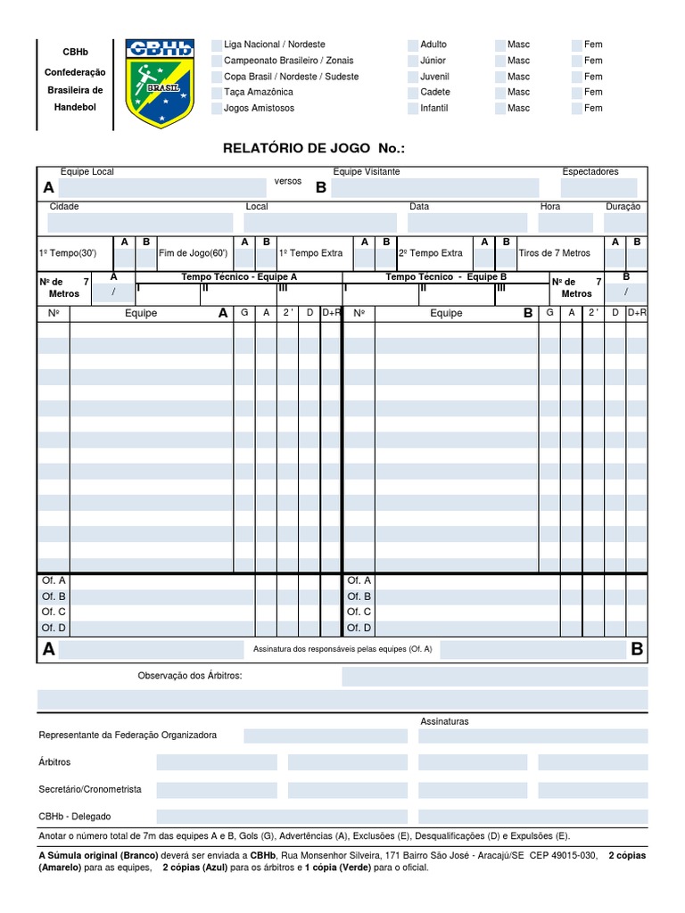 Súmulas - Handebol - CBHB | PDF | Esportes Coletivos | Jogos com Bola