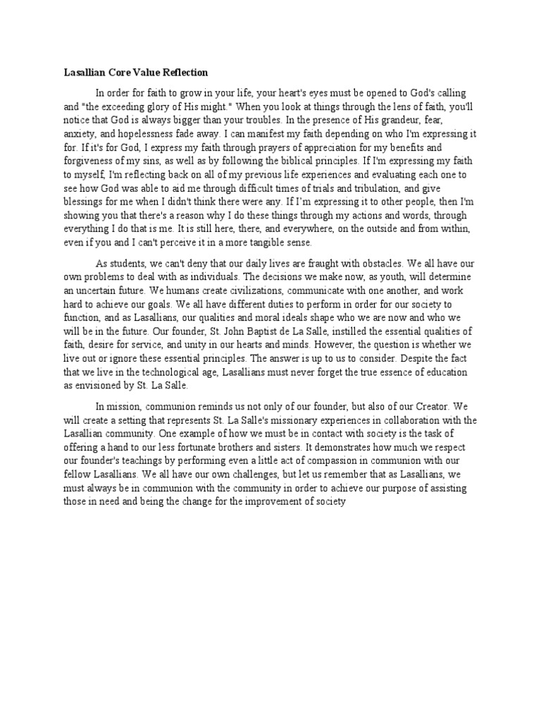 Lasallian Core Value Reflection | PDF | Faith | God