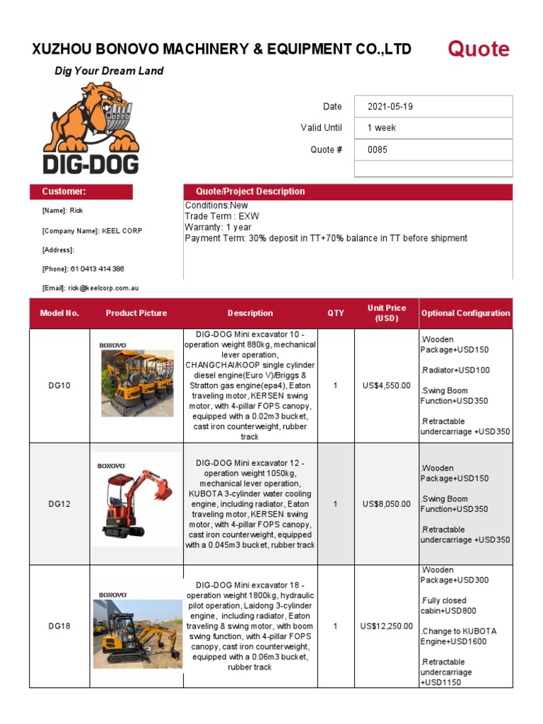 Mini Excavator Price List From Bonovo | PDF | Vehicle Technology | Machines