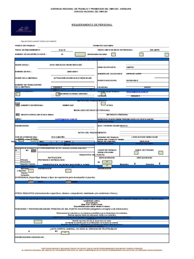 Ficha de Requerimiento de Personal Bolsa de Trabajo | PDF | Business ...