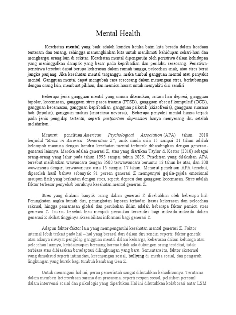 Essay Mental Health | PDF | Pengembangan Diri | Kesehatan Holistik