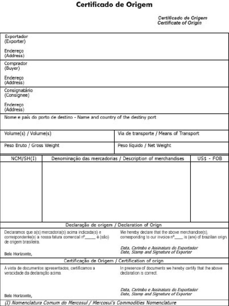 Modelo Certificado Origem Comum | PDF