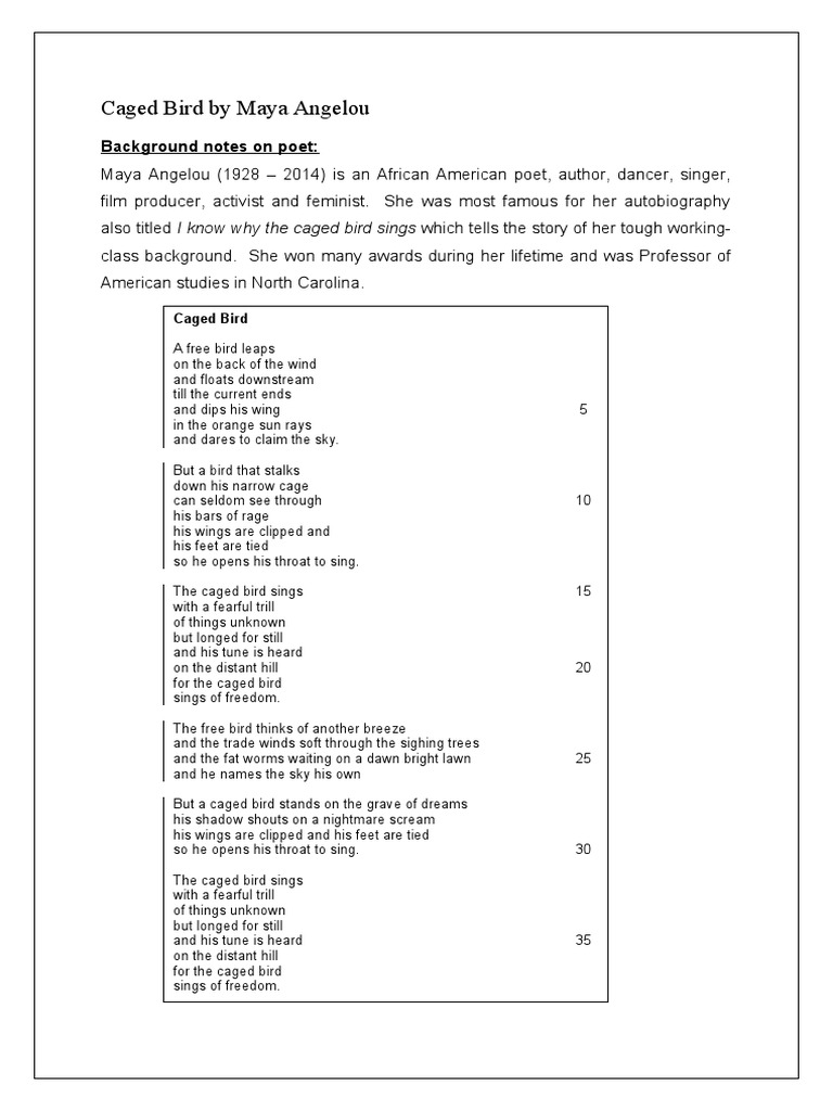 Caged Bird by Maya Angelou: Background Notes On Poet | PDF | Poetry ...