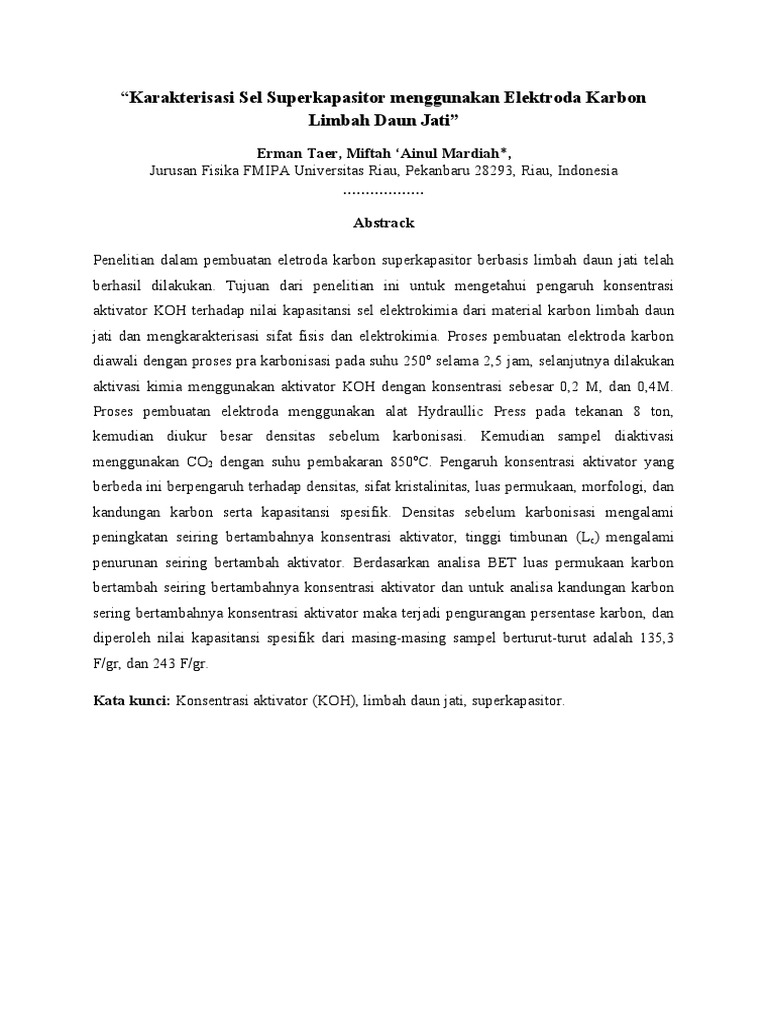 Karakterisasi Sel Superkapasitor Menggunakan Elektroda Karbon Limbah Daun Jati | PDF