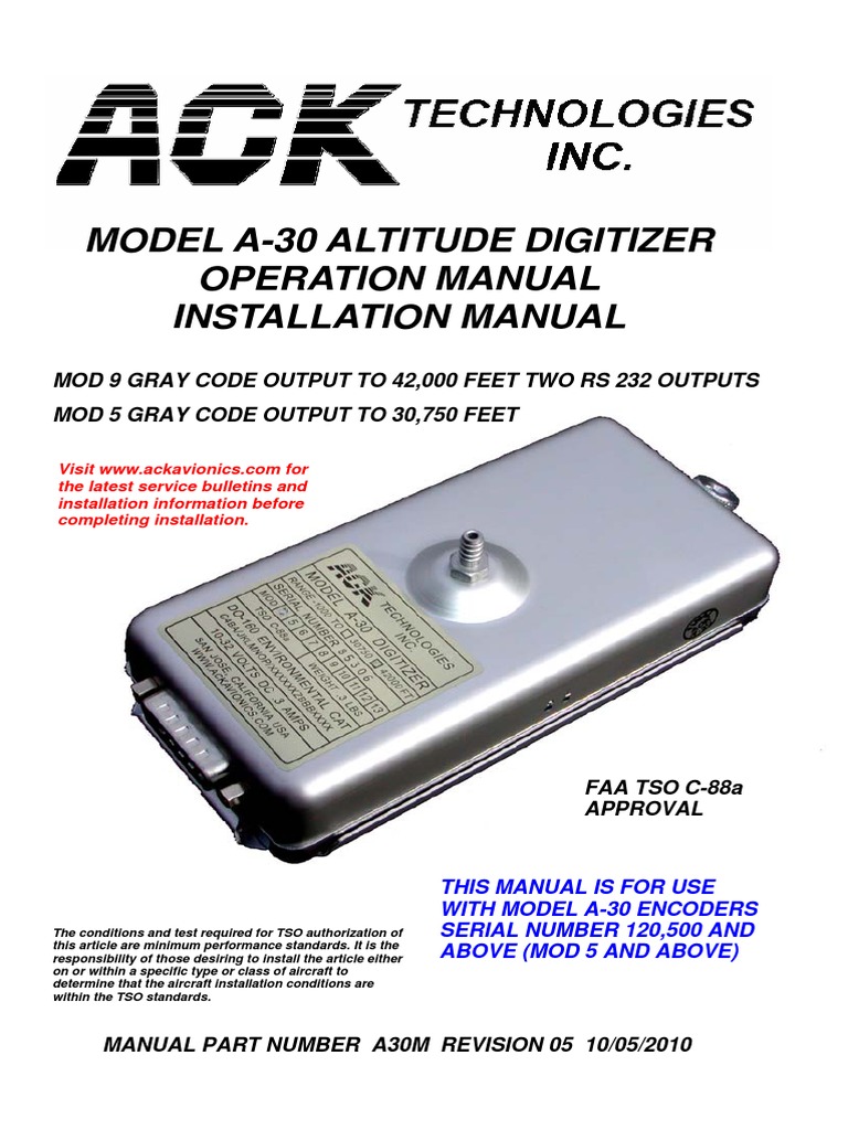 Model A-30 Altitude Digitizer Operation Manual Installation Manual ...