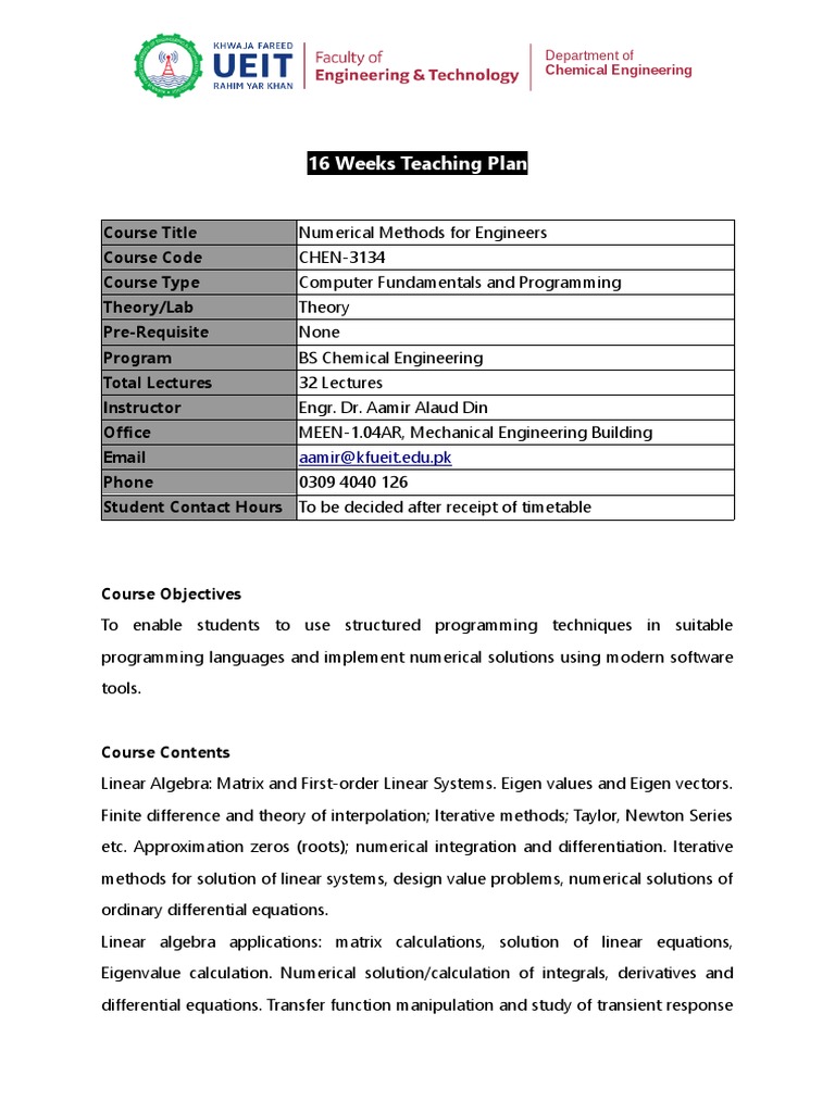 16 Weeks Teaching Plan | PDF | Numerical Analysis | Equations