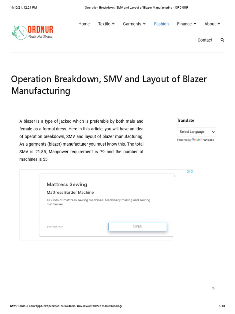 Operation Breakdown, SMV and Layout of Blazer Manufacturing - OrDNUR ...