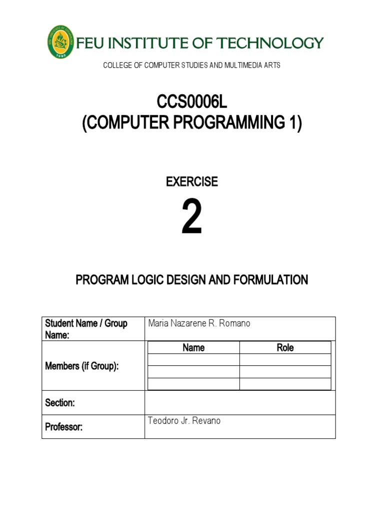 CCS0006L (Computer Programming 1) : Exercise | PDF | Software Engineering | Theoretical Computer ...