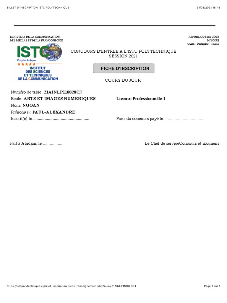 Billet D'inscription Istc Polytechnique | PDF