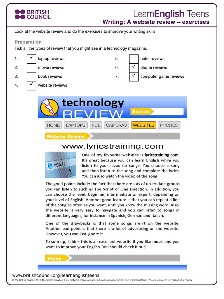 Writing: A Website Review - Exercises: Preparation | PDF ...