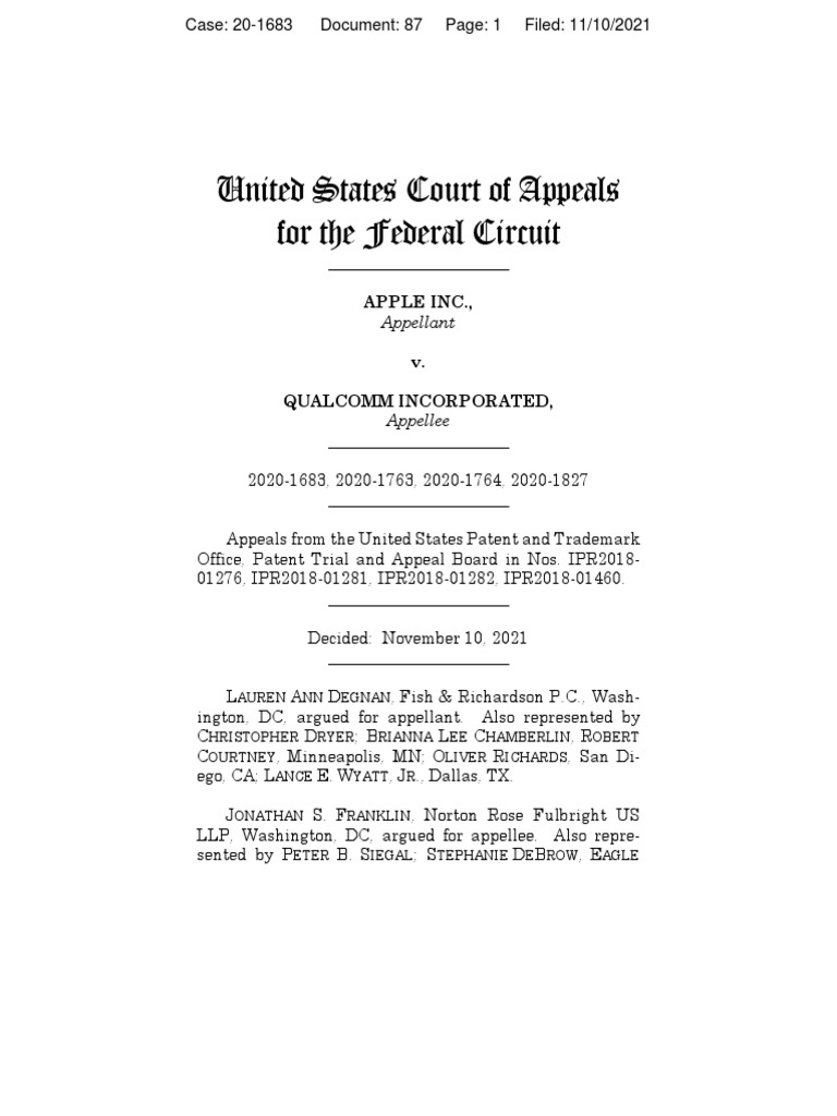 Apple v. Qualcomm Patent Appeal Dismissal | PDF | Patent | Standing (Law)