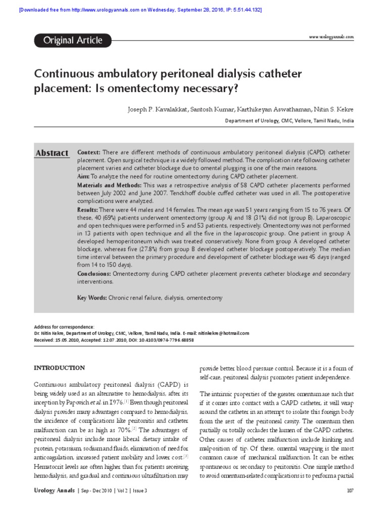 Continuous Ambulatory Peritoneal Dialysis Catheter Placement Is Omentectomy Necessary 2016 | PDF ...