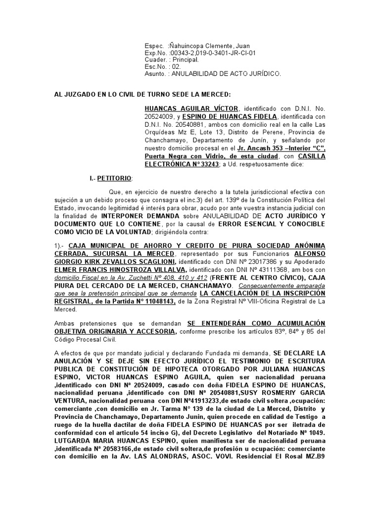 Dda. Anulacion Huancas | PDF | Hipoteca Comercial | Finanzas y dinero