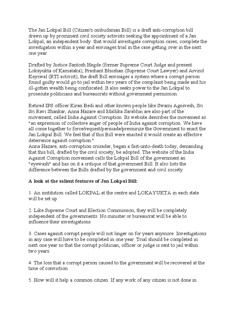 A Look at The Salient Features of Jan Lokpal Bill | PDF | Government ...