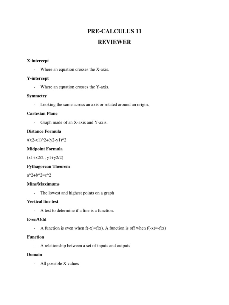 Pre-Calculus 11 Reviewer: X-Intercept | PDF | Function (Mathematics ...