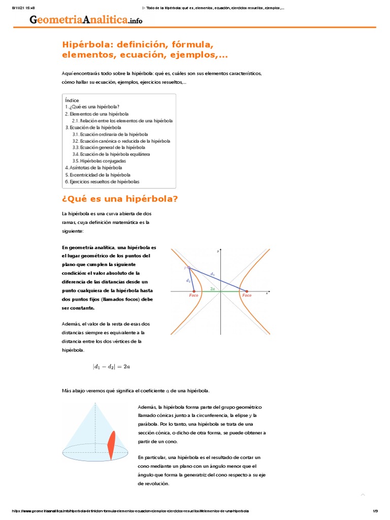 Todo de La Hipérbola - Qué Es, Elementos, Ecuación, Ejercicios Resueltos, Ejemplos,.. | PDF ...