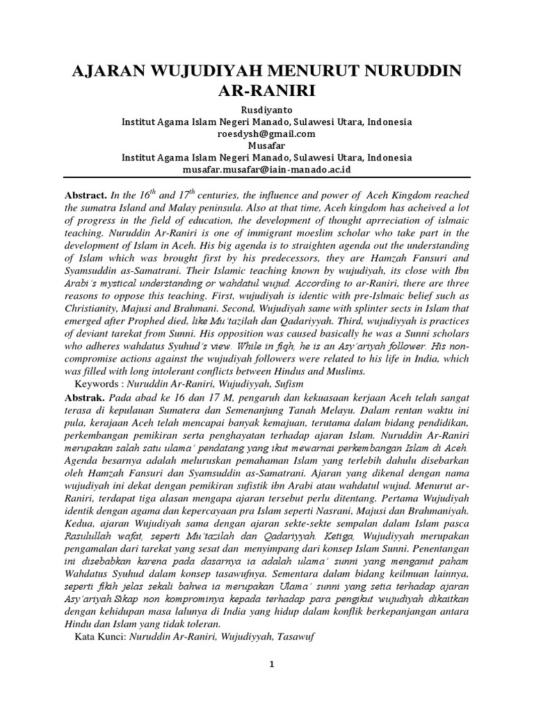 Ajaran Wujudiyah Menurut Nuruddin Ar-Raniri: Abstract. in The 16 | PDF ...