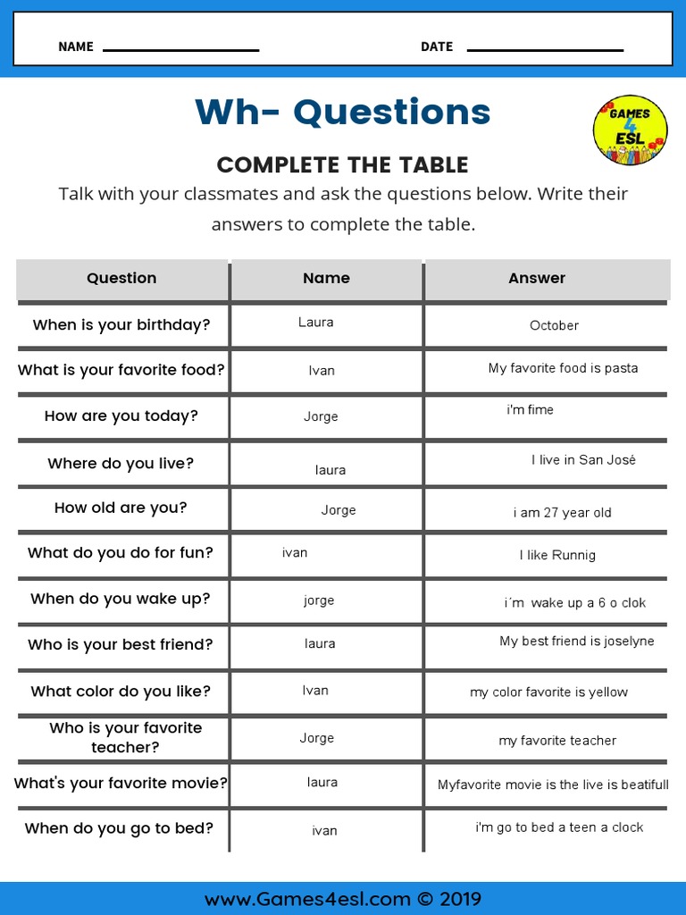 Wh-Questions: Complete The Table | PDF