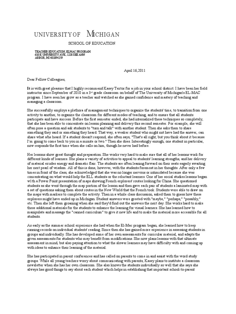 Letter of Recommendation from Field Instructor in Teaching Program ...