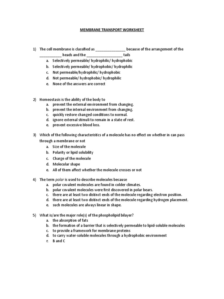 Ws1-Membrane Transport Worksheet | PDF | Cell Membrane | Osmosis