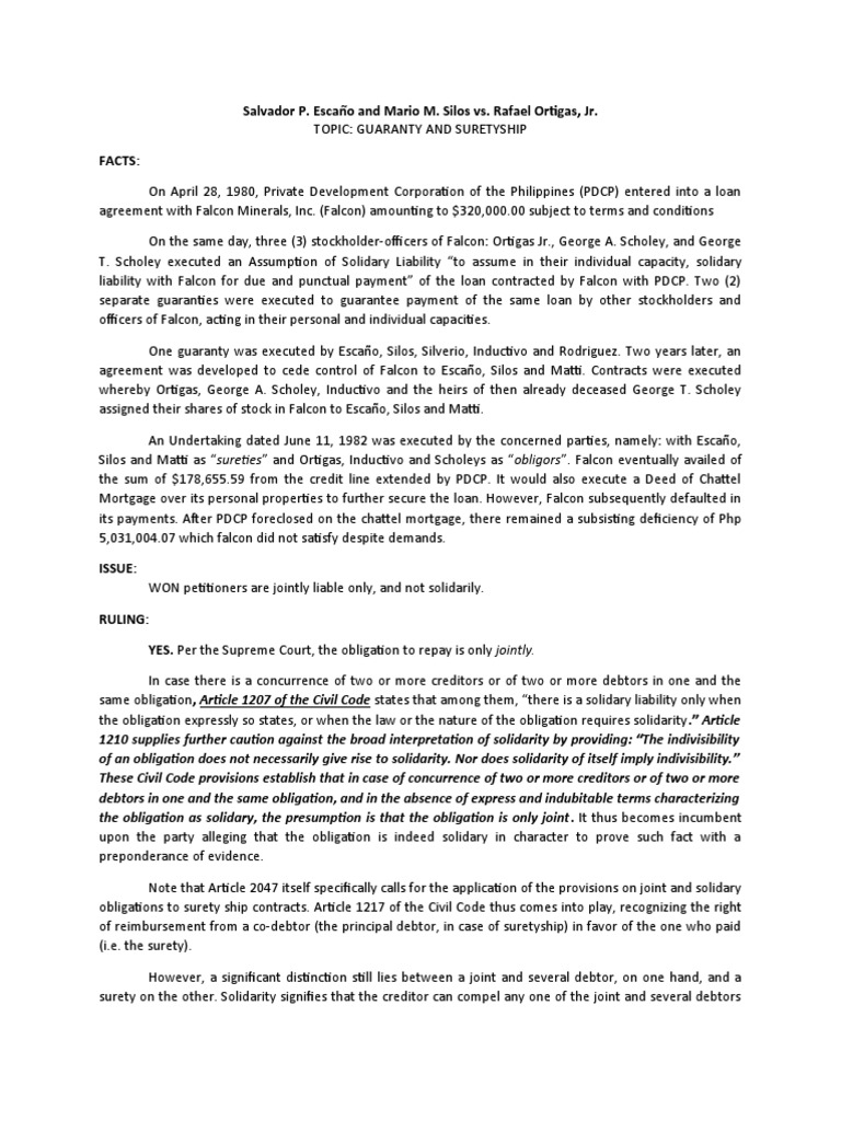 07 Escano v. Ortigas | PDF | Surety | Guarantee