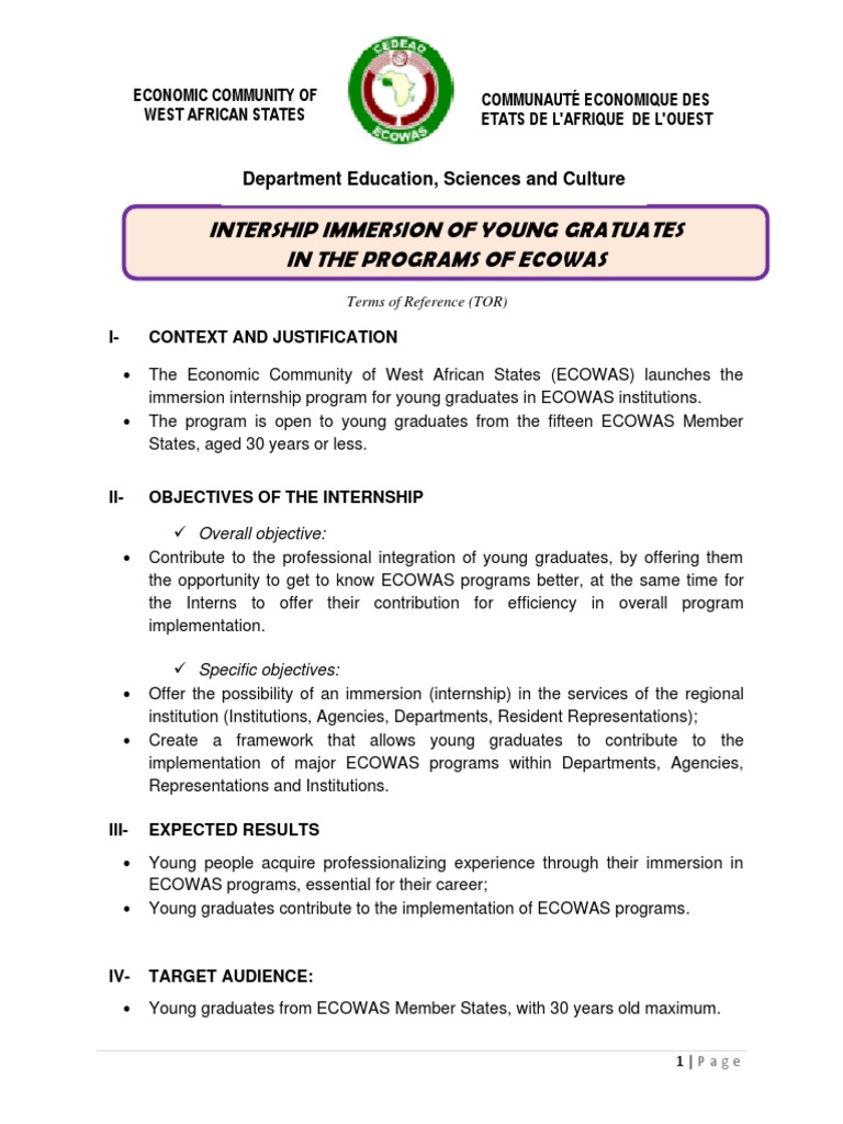 ECOWAS 2021 Internship Call Form | PDF | Nigeria | Academic Degree