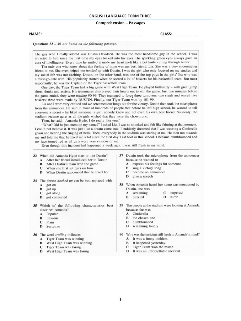 English Language Form 3 Comprehension PDF Free | PDF