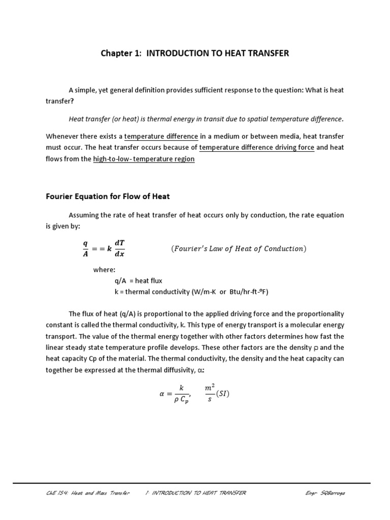 Chapter 1: Introduction To Heat Transfer: Fourier Equation For Flow of ...
