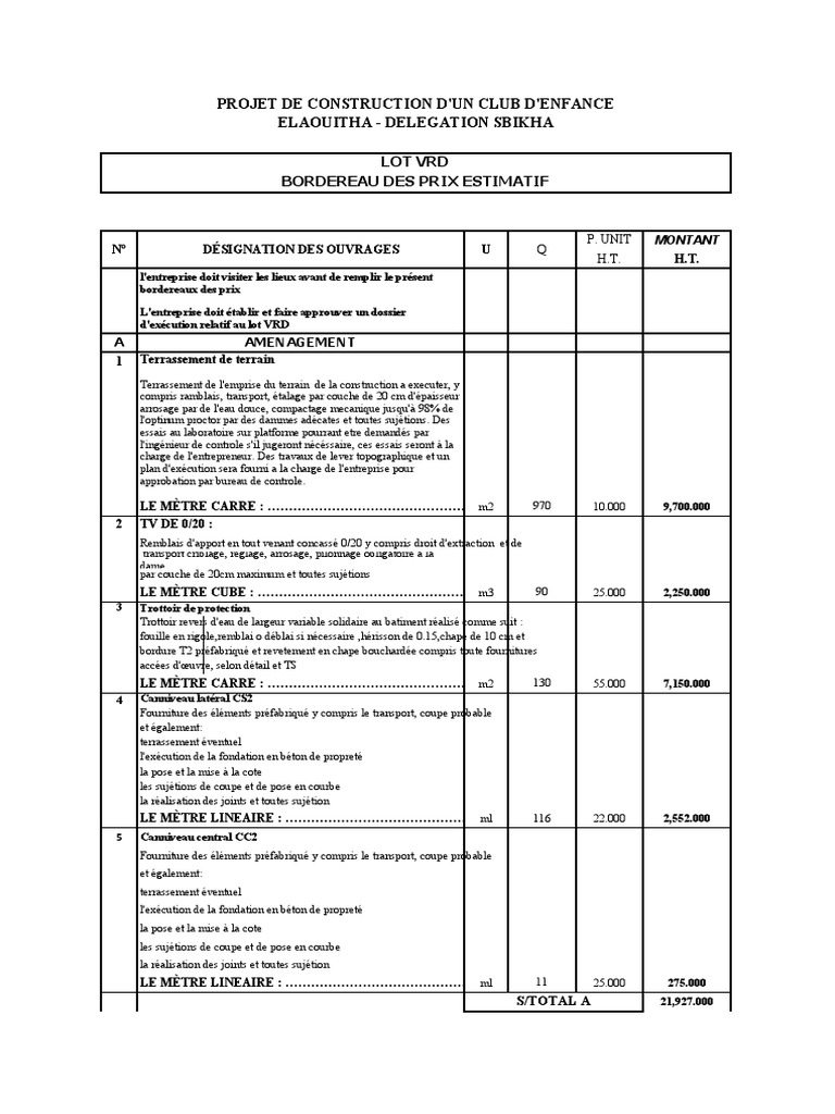 Bordereau VRD Interpot Garde Nationale Dao | PDF | Ingénierie civile ...