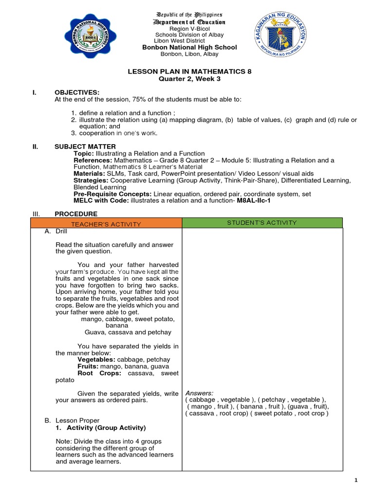 MFML - Lesson Plan in Mathematics 8, Q2-Illustrating A Relation and A ...