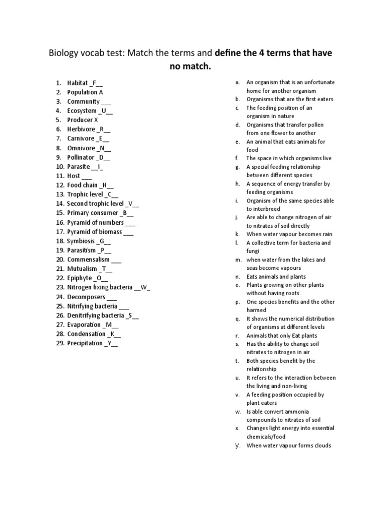 Biology Vocabulary Matching Test | PDF | Food Web | Plants