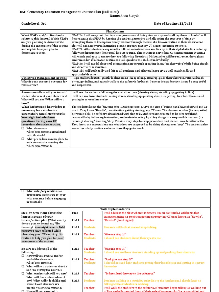 Usf l1 Management Routine Plan Us | PDF | Classroom | Teachers