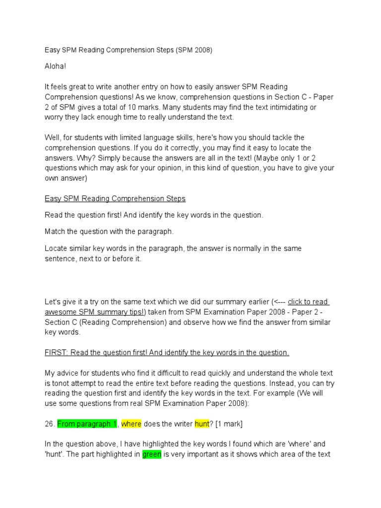 Easy Steps for SPM Reading Comprehension | PDF | Reading Comprehension ...