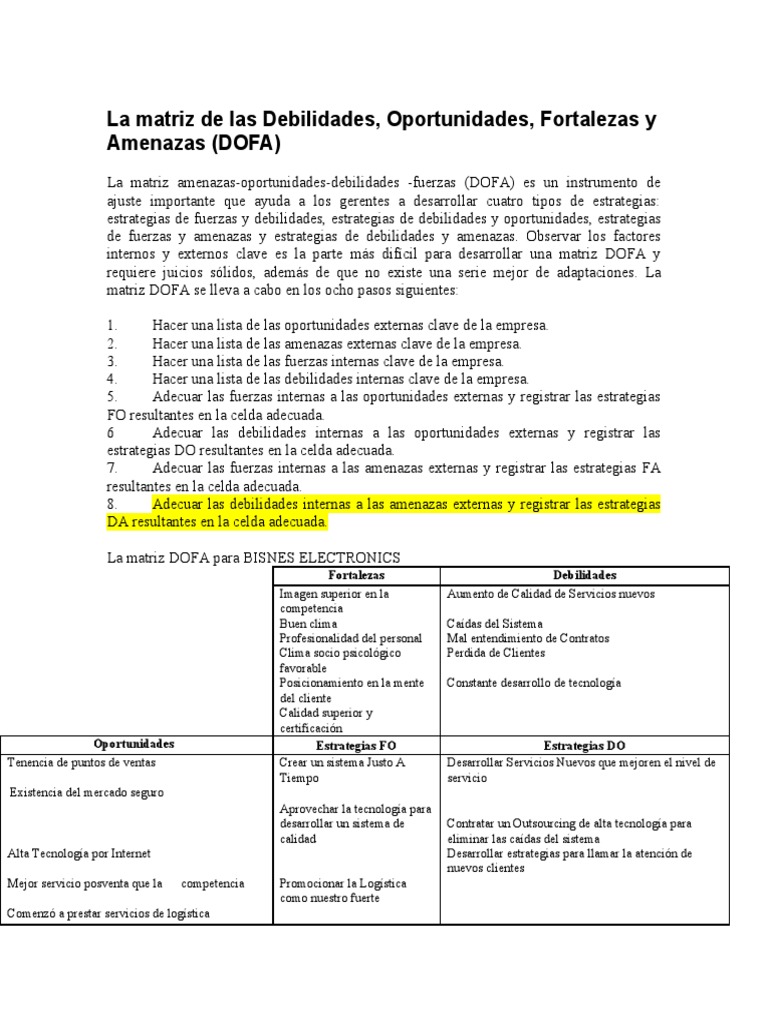 La Matriz de Las DOFA | PDF | Análisis FODA | Logística