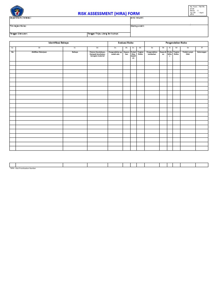 Risk Assessment (Hira) Form: Identifikasi Bahaya Evaluasi Risiko ...