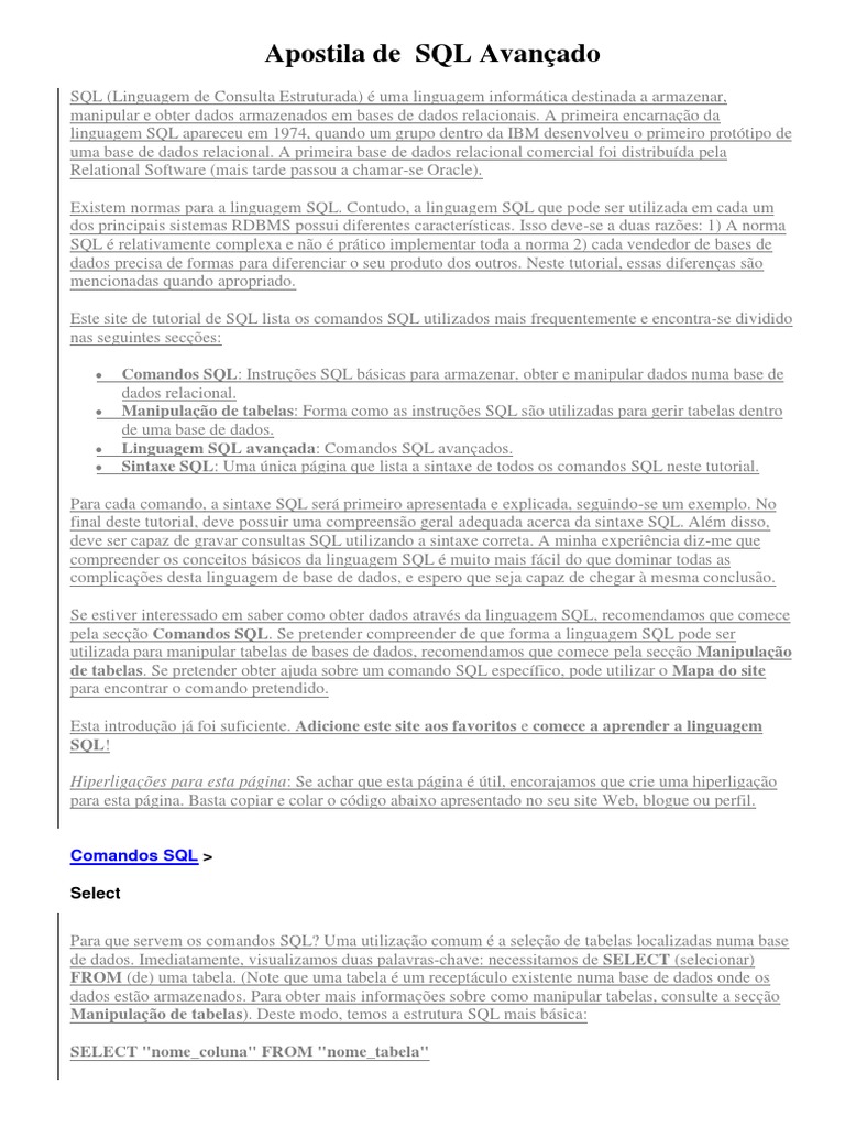 Apostila de SQL Avancado | PDF | SQL | Bancos de dados