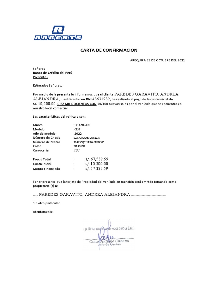 Carta De Confirmación Comercial