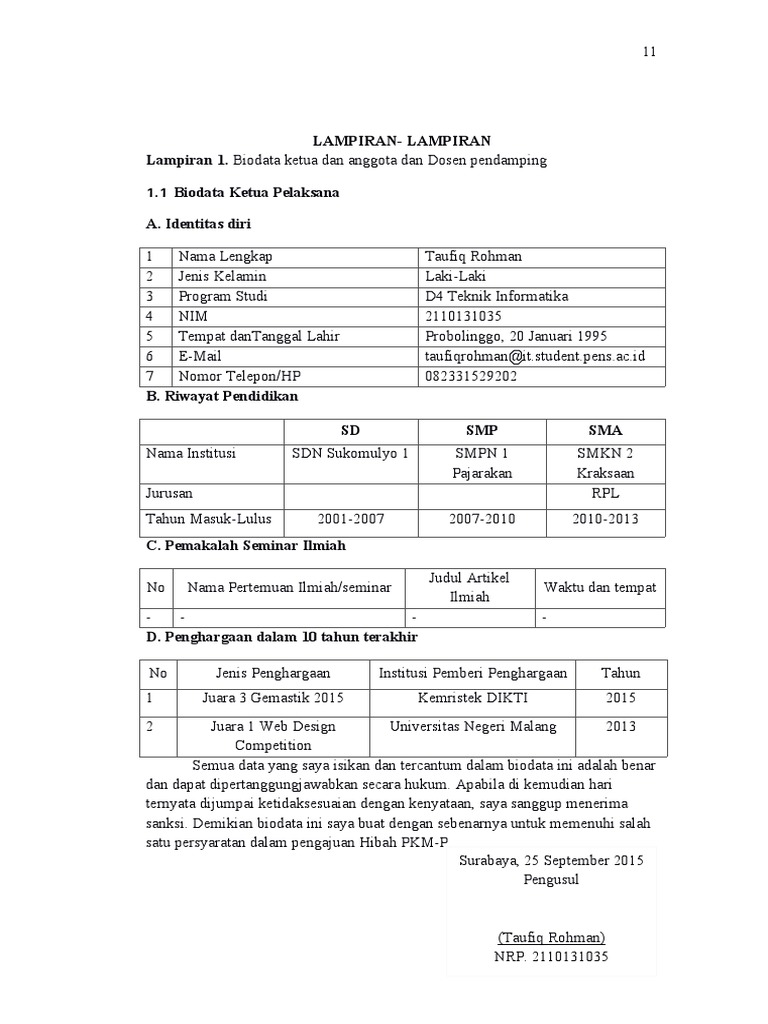 Biodata Tim PKM-P 2015 | PDF