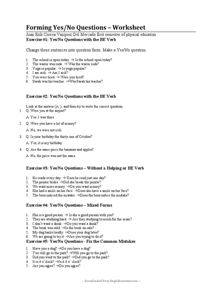 Yes No Questions Worksheet Esl | PDF